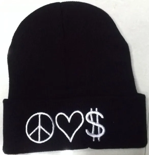 Wholesale Unisex Causal Peace Love Money Logo Embroidery Design Knitted Hat